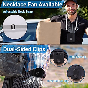 YEMIUGO 9600mAh Waist Clip Fan Rechargeable, Portable Belt Fan, Necklace Fan Personal Fan Cooling Fan Hands-free with 3-Speed, Strong Airflow for Fishing, Gardening, Climbing, Cycling