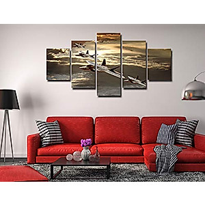 US Military Aircraft F-22 Raptor Pictures Jet Fighter Wall Art Paintings Decorations for Living Room 5 Piece Canvas Art Stretched Framed Wall Decor for Bedroom(60''Wx32''H)