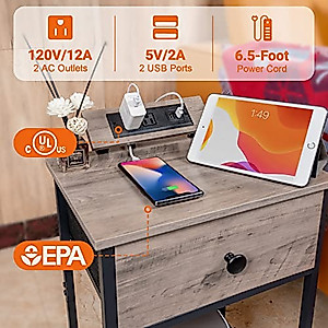 AMHANCIBLE Night Stand Set 2, Small Nightstand with Charging Station, End Side Tables Living Room with USB Ports & Outlets, Slim Bedside Table with Drawers for Bedroom HET03SDPGY(Greige)