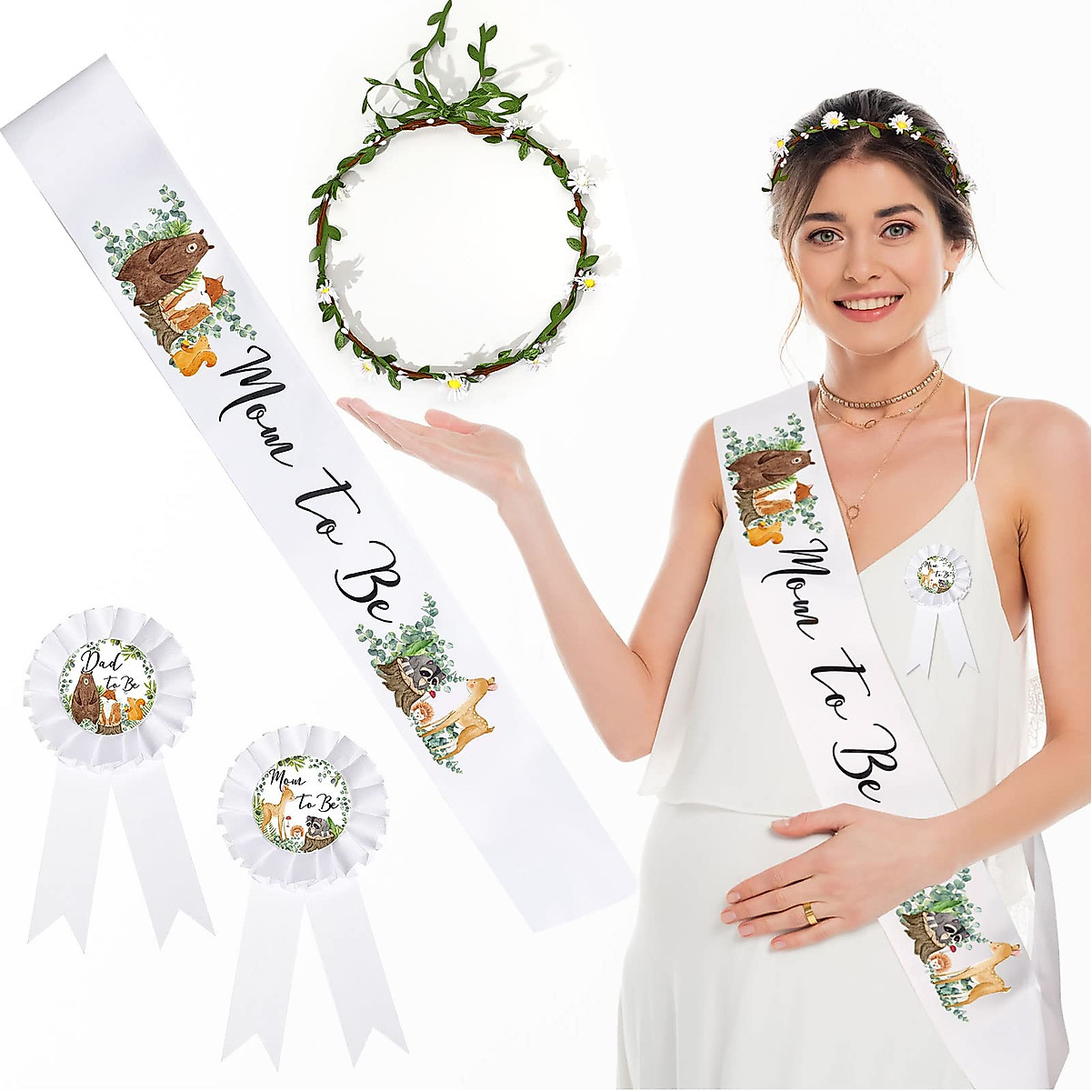 4 Pieces Mom to Be Sash for Woodland, Baby Shower Sash Mom to Be Corsage with Sage Green Leaf Crown Dad to Be Corsage Set Woodland Theme Baby Shower Party Favors for Gender Reveal (White Flower)