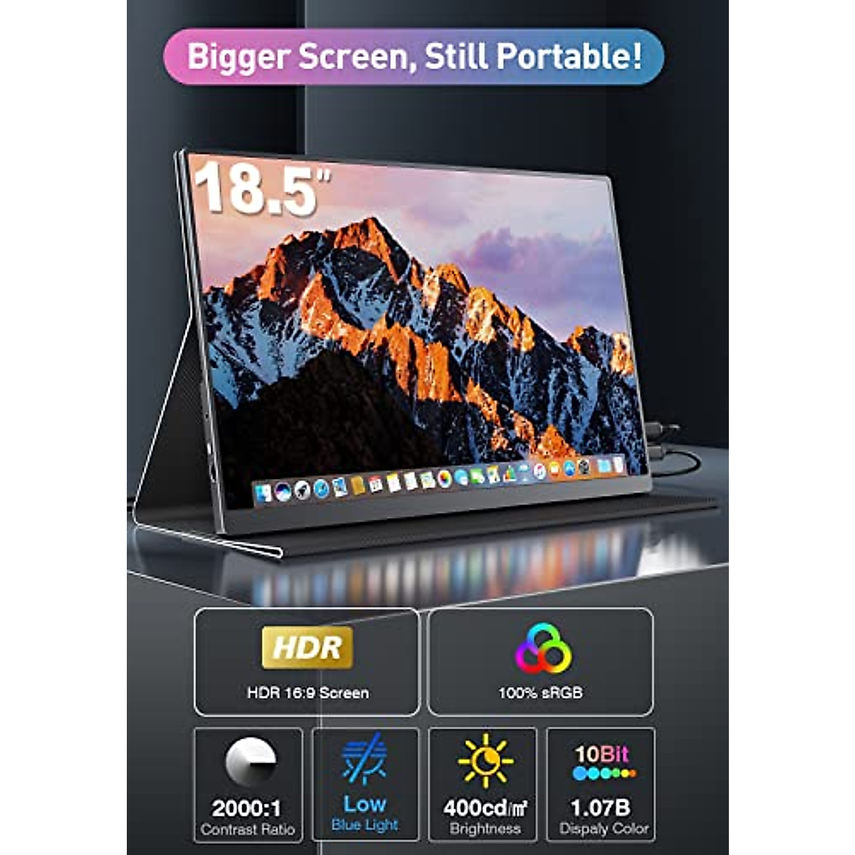 18.5 Inch Portable Monitor for Laptop, FHD 1080P 100% sRGB Travel Monitor for Laptop, Portable Computer IPS Display w/VESA, External Monitor USB-C HDR HDMI Portable Screen w/Smart Cover & Speakers