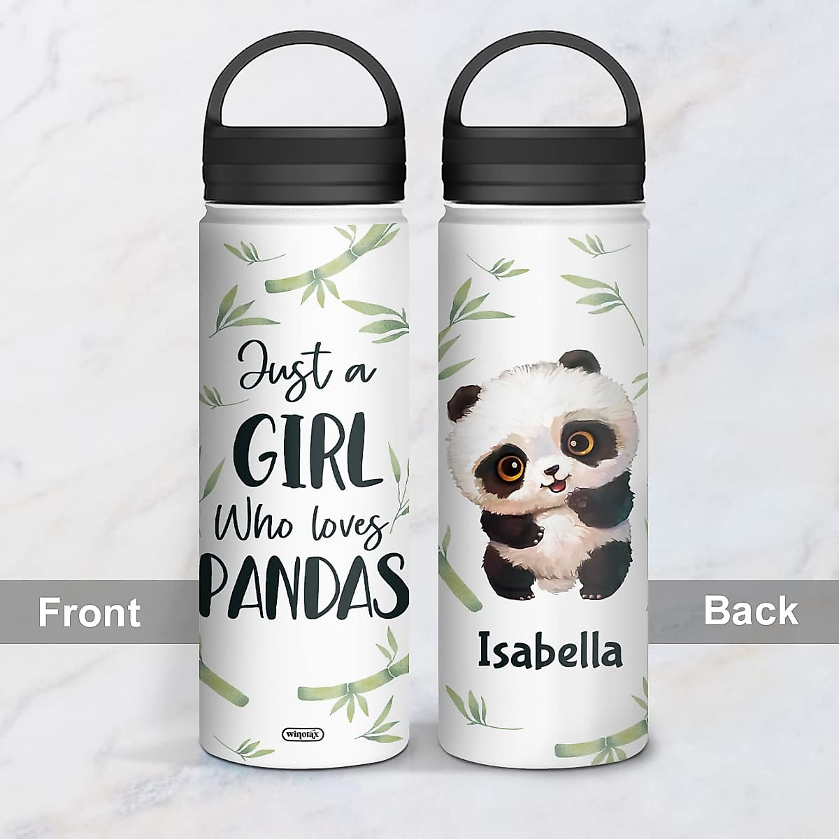 winorax Personalized Panda Water Bottle Just A Girl Who Loves Pandas Sport Bottles Insulated Stainless Steel 12oz 18oz 32oz Travel Cups Gifts for Panda Lovers Birthday Christmas Back To School