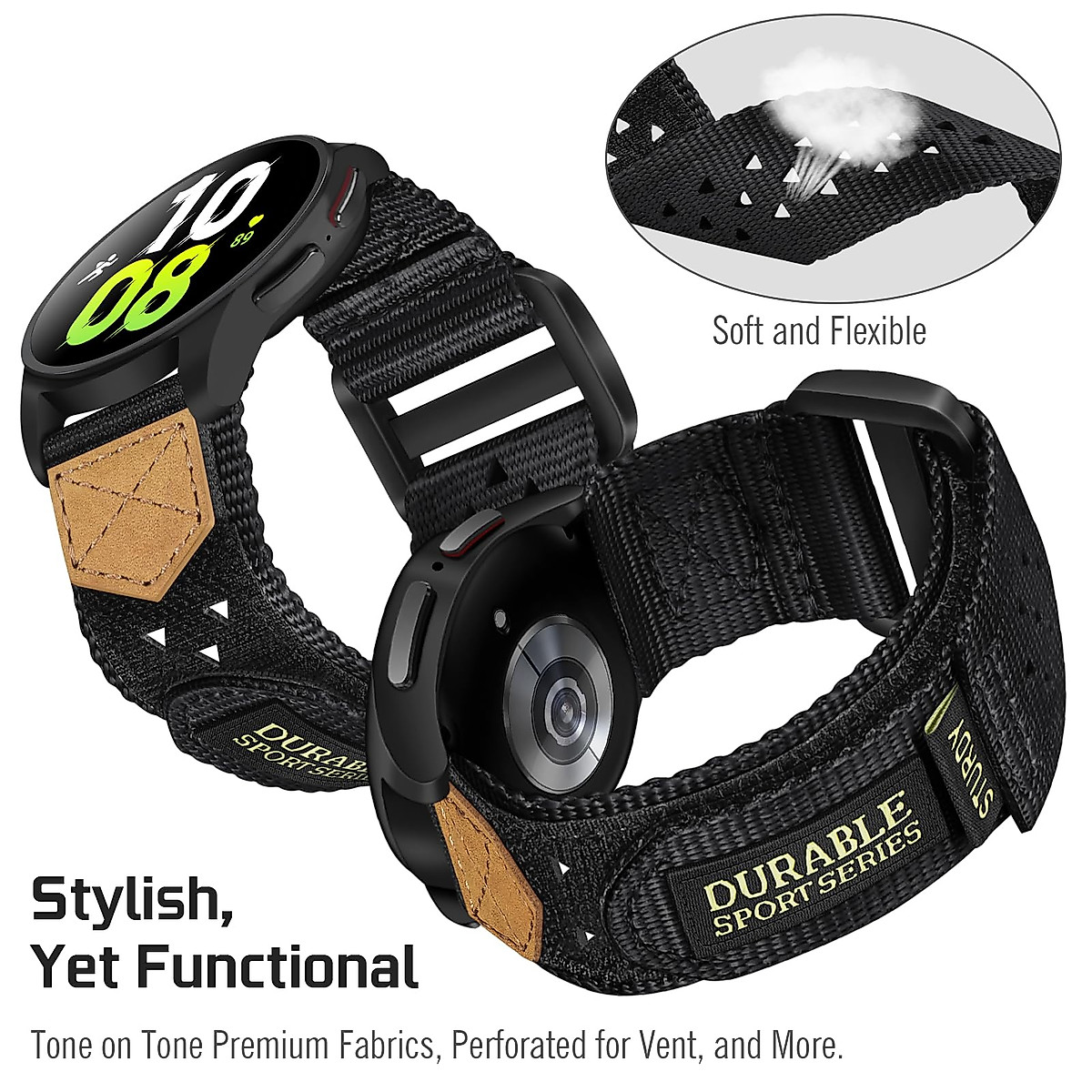 Fintie Band Compatible with Samsung Galaxy Watch 6 Classic 43mm 47mm/5 Pro 45mm/6 & 5 & 4 40mm 44mm/4 Classic 42mm 46mm, 20mm Nylon Sports Replacement Strap, Black