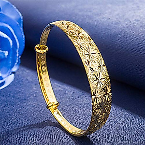 L & J 18K Yellow Gold Diamond Cut Classical Adjustable Bangle Bracelet for Women