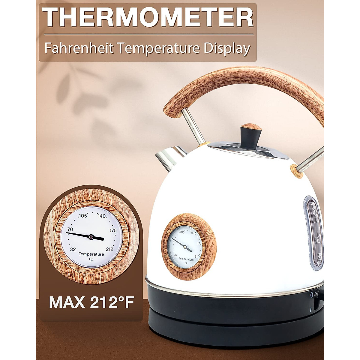 Electric Tea Kettle, Hot Water Boiler with Thermometer 1.7 Liter Stainless Steel Teapot, BPA Free, 1500W, SMOLON Wood Pattern Handle Pour-Over Electric Kettle with LED Indicator Auto Shut-Off, White