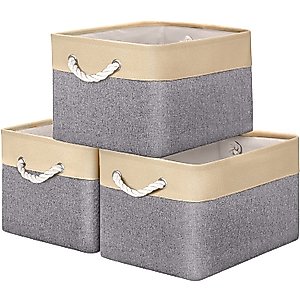 WISELIFE Baskets for Organizing [3-Pack] Collapsible Canvas Storage Bins for Toys Shoes Decorative Storage Bins for Organizing with Handles(Grey-Beige Patchwork,15" Lx11 Wx9.5 H)