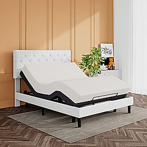 SHA CERLIN Queen Size Bed Frame with Button Tufted Headboard, Faux Leather Upholstered Mattress Foundation, Platform Bed Frame, Wooden Slat Support, No Box Spring Needed, White