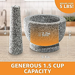 Heavy Duty Natural Granite Small Mortar and Pestle Set, Hand Carved, Make Fresh Guacamole at Home, Solid Stone Grinder Bowl, Herb Crusher, Spice Grinder, Unpolished Grey, 1.5 Cup, Grey