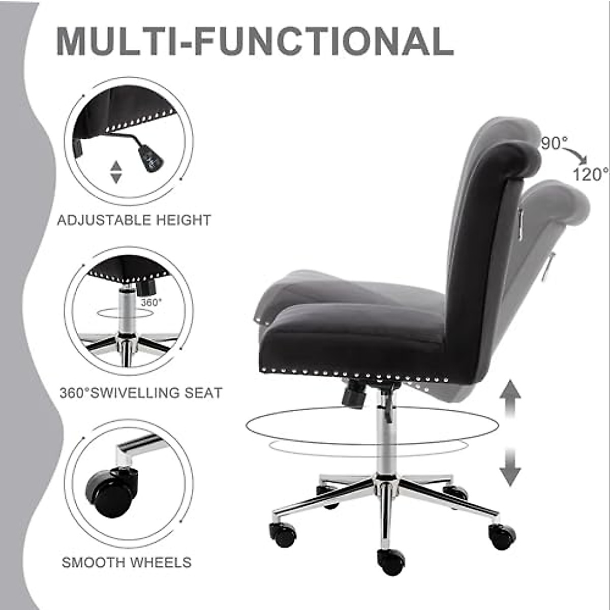 JOUUQZ Velvet Office Chair Button Tufted Swivel Adjustable Desk Chair with Nailheads Trim, Upholstered Armless Black Home Office Desk Chair with Wheels and Metal Base