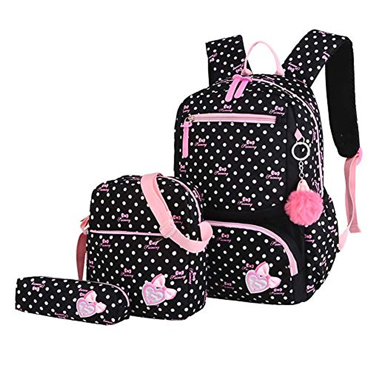 LAMOGRAFY 3Pcs Kids Backpack Bowknot Printed Daypack Girls 3 in 1 School Bag with Shoulder Bag and Pencil Bag