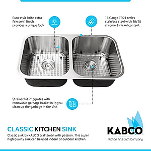 KABCO 32 Inch Swirl Finish Stainless Steel Classic Kitchen Sink, Sound and Heat Proof Double Equal Bowl Undermount Sink with Kitchen Sink Strainers, Removable Garbage Baskets and Sink Grids