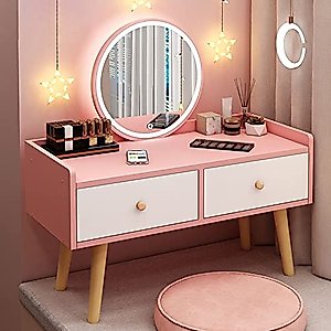 LITFAD Modern Makeup Vanity Standing Vanity Set with Drawer Bedroom Wood Dressing Table - Makeup Vanity & Mirror with LED Light Pink 24" L x 16" W x 24" H