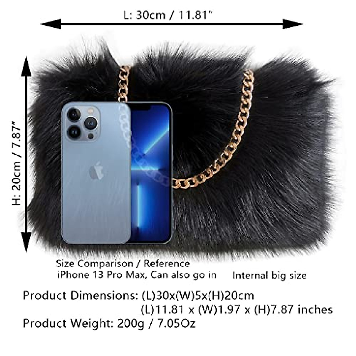 FHQHTH Faux Fox Fur Purse Fuzzy Handbags for Women Evening Handbags Al alloy Shoulder Strap [Black]