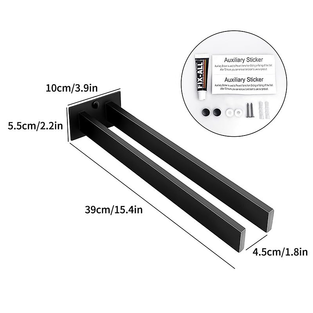 Black Premium Stainless Steel Hand Towel Holder Square Tube Horizontal Double Pole No Punching + Punching Dual Use Heavy Duty Wall Mounted Hotel Bathroom Minimalist Towel Rack