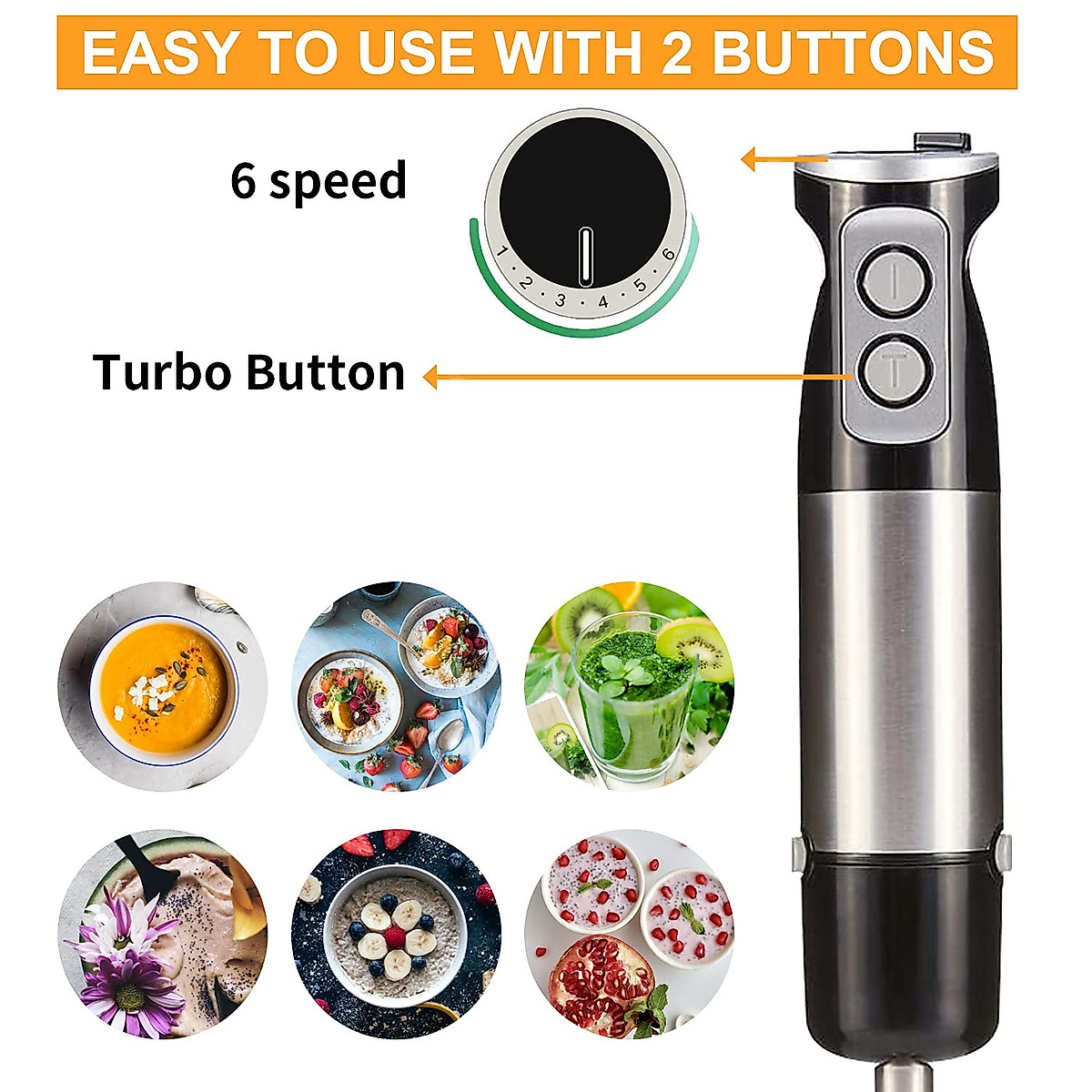 Immersion Hand Blender,600W Stainless Steel Stick Blender,4-in-1 Home Multi-Function Stick Mixer,6-Speed Handheld Blender,Mixing Cup,Food Chopper,Milk/Egg Mixer, Sauce/Soup,Puree Baby Food Machine
