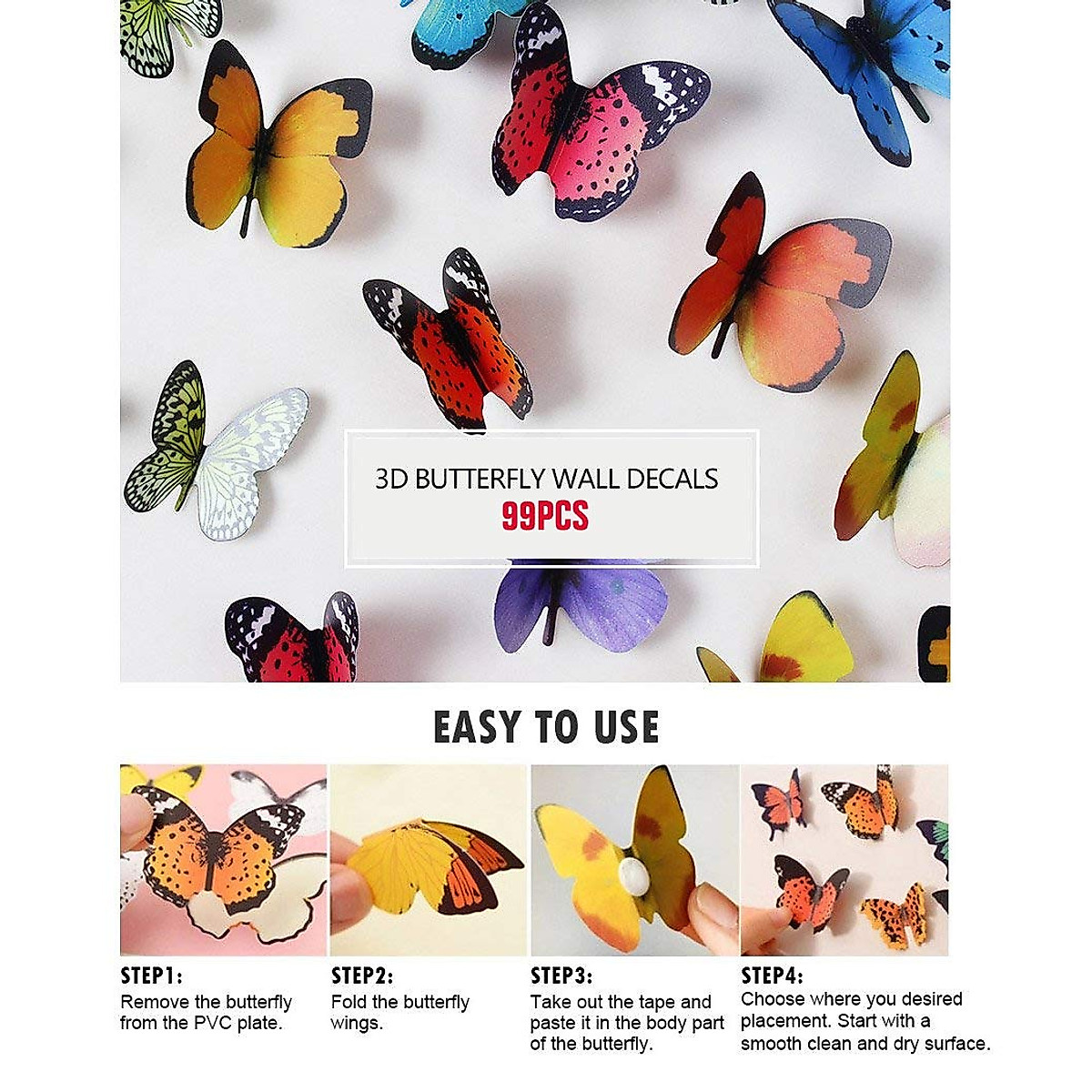 Butterfly Wall Decals 99Pcs 3D Butterflies Wall Stickers Removable, Mural Decor for Kids Room Bedroom Decor Living Room Decor …