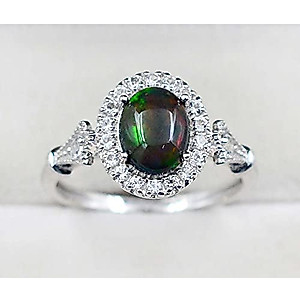Gemstone 925 Solid Silver 9X7 MM Natural Black Opal Oval October Birthstone Solitaire Unisex Ring For Wedding Gift (Rhodium Plated Silver, 6)