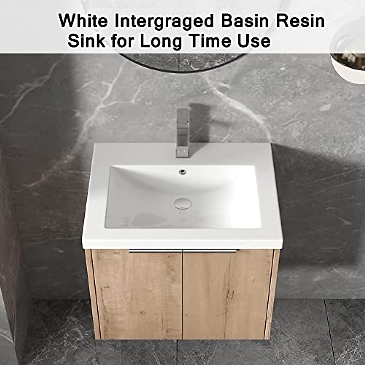 SSLine Wall Mounted Bathroom Vanity with Sink Combo Modern 24-Inch Single Bathroom Vanity Set with Top Basin &Storage Cabinet Brown Wood Hanging Bath Cabinet w/Resin Sink for Small Space (24"-Brown)