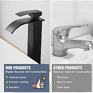 RUMOSE Tall Matte Black Bathroom Faucet Modern Single Handle 1 Hole Bathroom Vessel Sink Faucet Waterfall Spout Rv Lavatory Vanity Basin Faucet Deck Mount Mixer Tap, Stainless Steel