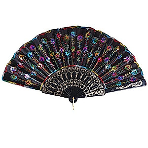 RAZZUM Decorative Folding Fans Rainbow Color Christmas Dance Fan Peacock Pattern Folding Hand held Embroidered Sequin Gift Fan Fan (Color : Navy, Size : 9.5 inches)