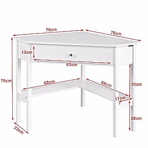 Haotian FWT31-W, White Corner Desk, Triangle Computer Desk with Drawer and Shelf, Home Office Desk, Computer Workstation
