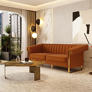 yunqishi JINGDIAN Mid-Century Modern Orange Velvet Sofa with Gold Metal Legs, 83.86" Luxury Chesterfield Comfy Orange Couches for Living Room (Velvet, Orange)