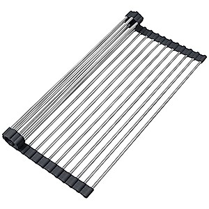 MGahyi Roll Up Dish Drying Rack, Over The Sink Drying Rack, Multipurpose 304 Stainless Steel Silicone Wrapped Steel Roll-Up , Folding Dish Rack for Kitchen Sink （Black, 17.3" x 13" ）