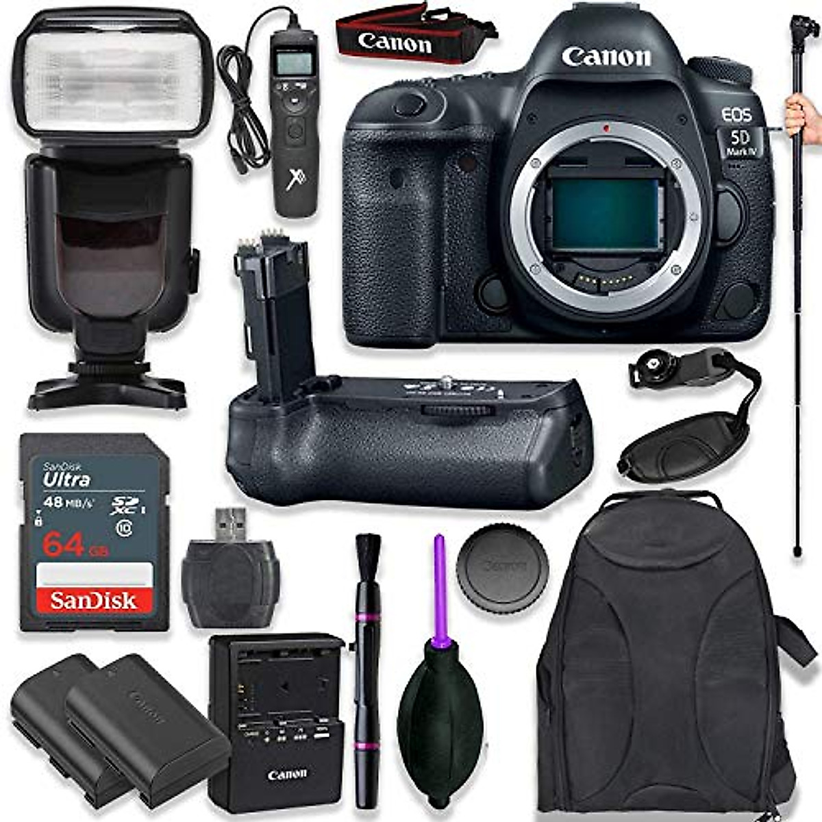 Canon EOS 5D Mark IV Digital SLR Camera Body with Pro Camera Battery Grip, Professional TTL Flash, Deluxe Backpack, Universal Timer Remote Control, Spare LP-E6 Battery (16 Items) (Renewed)