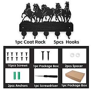 BEUNITONE Horses Wooden Key Hanger Animal Wood Key Holder Hooks 11.8x7.9 Rustic Key Rack Organizer Wall Mounted Coat Hook with 5 Hooks Screws for Entryway Front Door Kitchen Hallway Office Decor