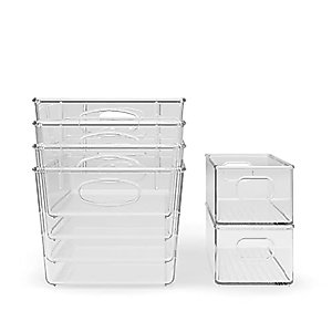 RedSodium Pantry Organization and Storage Container Bins for Kitchen, Laundry, Refrigerator, Freezer. Durable Heavy Duty Clear Plastic with Handles - 6 Pack