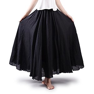 Phorecys Women's Casual Long Maxi Skirt Cotton Elastic Waist Boho Goth Fairy Renaissance Weekend Skirts Dress Black 105CM Length