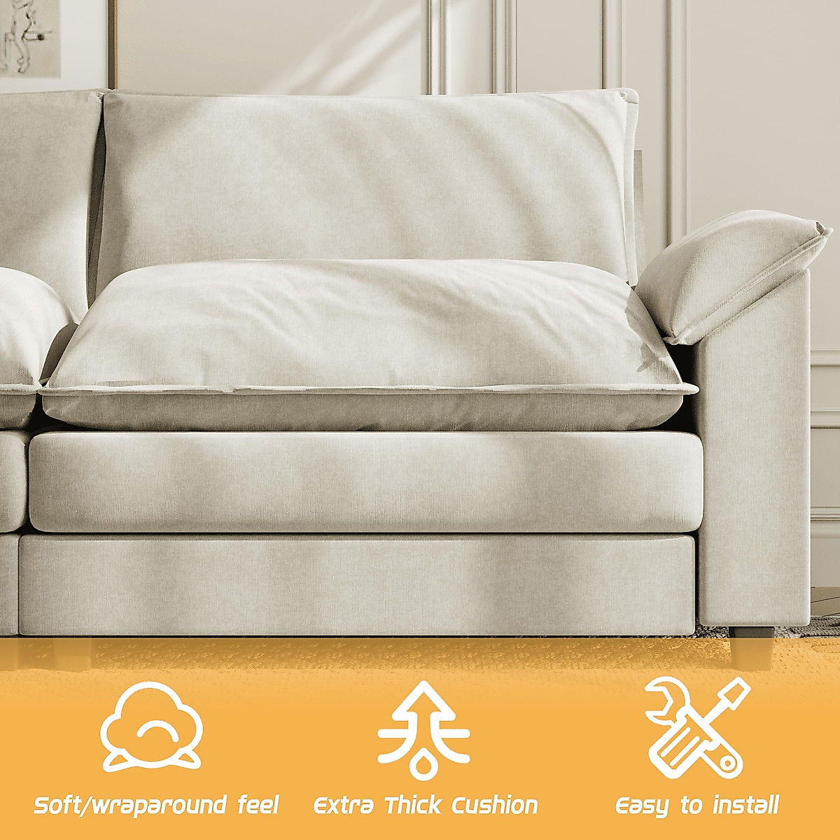 Shahoo Sectional Modular Sofa U Shaped Chenille Fabric Couch with High Supportive & Soft Sponges and Removable Ottoman, Sleeper Comfy Upholstered Furniture for Living Room, White