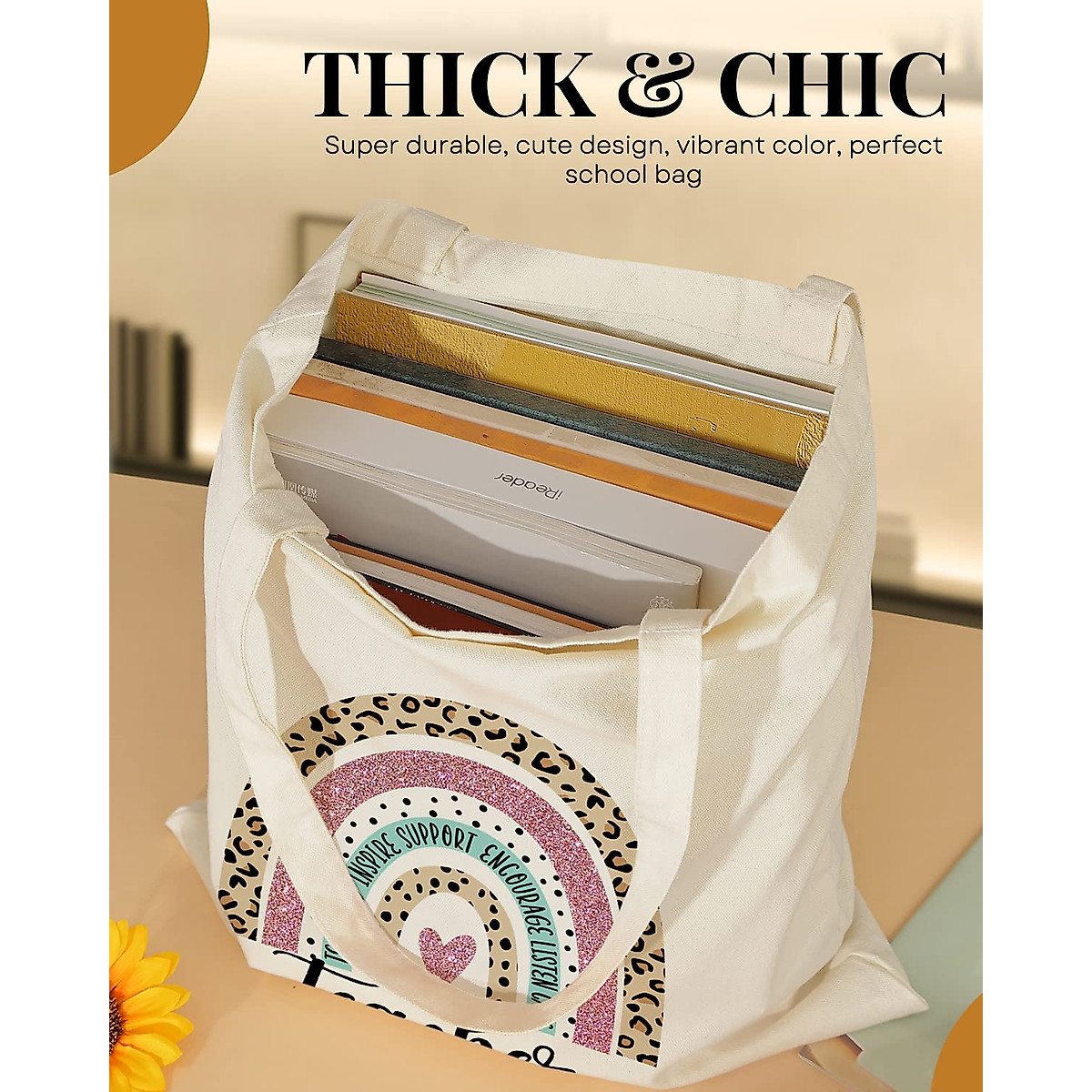 AUSVKAI Canvas Tote Bag Aesthetic for Women, Cute Trendy Teacher Rainbow Reusable Cloth Cotton Bags with Handle for Grocery School Shopping Beach