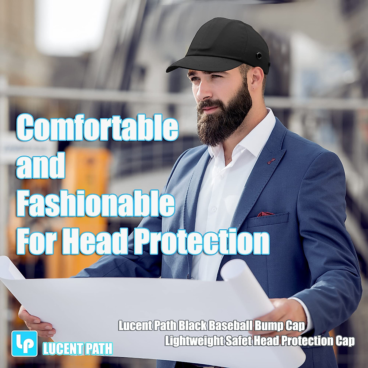 Lucent Path Black Baseball Safety Bump Cap - 100% Cotton, Impact-Resistant ABS Shell, Dual-Layer Padded Foam, Breathable, Adjustable Head Protection Hard Hat Cap