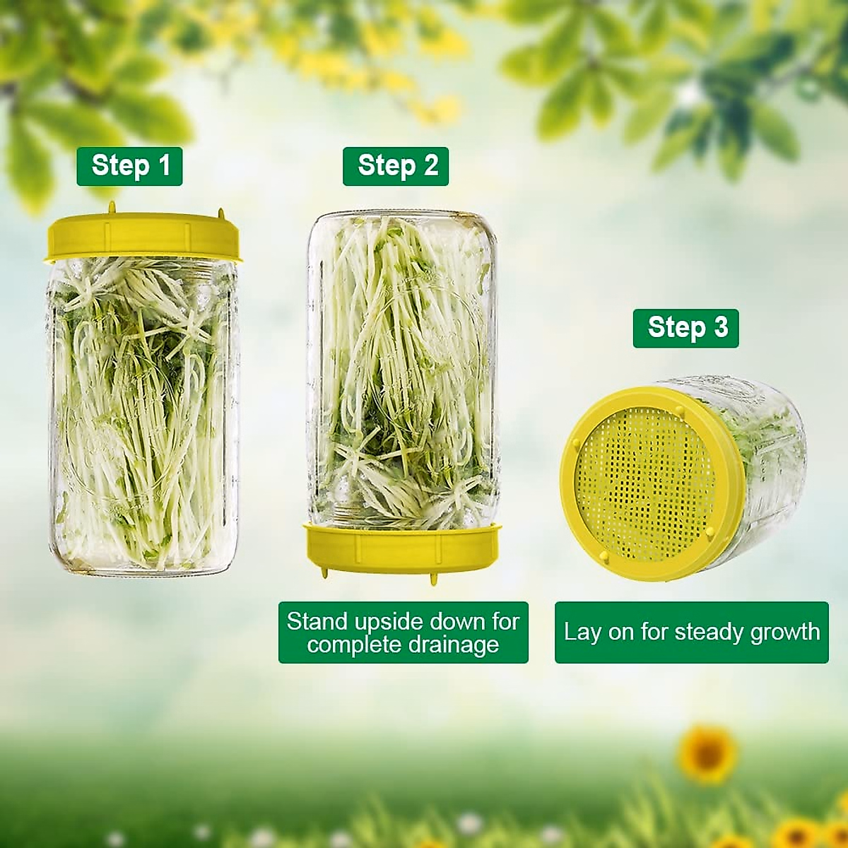 Picowe Plastic Sprouting Lids, Sprouting Jar Strainer Lid, for 86mm Wide Mouth Mason Jars, Canning Jars, Suit for Grow Bean Sprouts, Alfalfa, Salad Sprouts(8 Pack,Yellow)