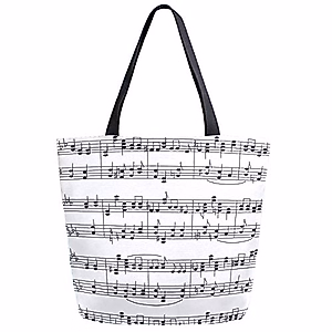 ZzWwR Chic Music Stave Notes Extra Large Canvas Shoulder Tote Top Handle Bag for Gym Beach Travel Shopping,Black White