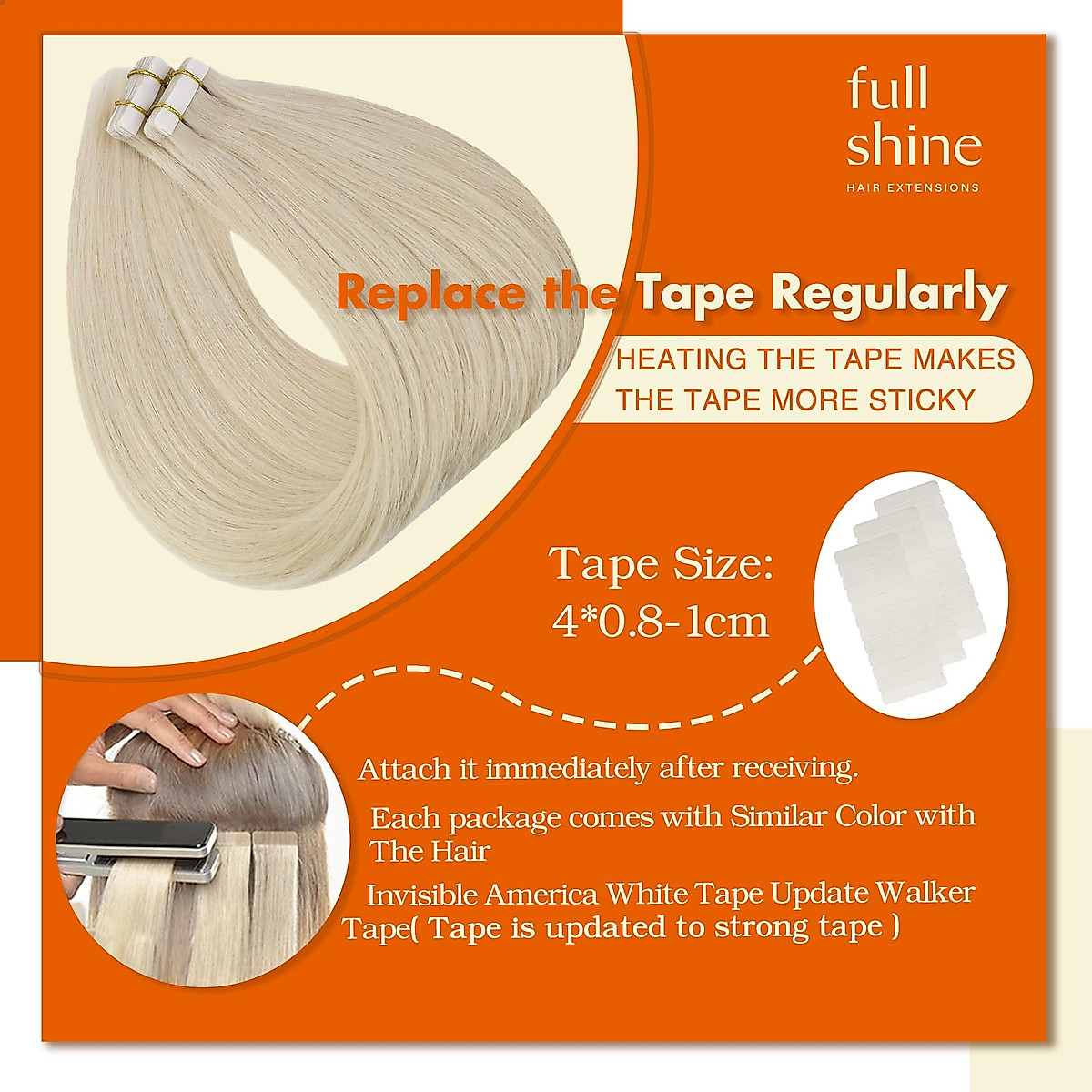Full Shine Tape in Hair Extensions 10Inch Invisible Tape in Real Human Hair Extensions Solid Color 60 Platinum Blonde Straight Pu Tape Hair 30G Seamless Tape on Brazilian Human Hair 20Pcs Natural Hair