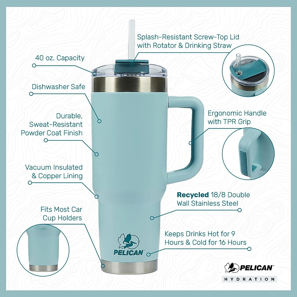 Pelican Hydration Pelican Porter™ 40 oz Vacuum Insulated Tumbler - Recycled Stainless Steel Double Wall Travel with Dual Lid, Powder Coated Insulated Coffee Mug For Hot Cold Drinks, Aurum…