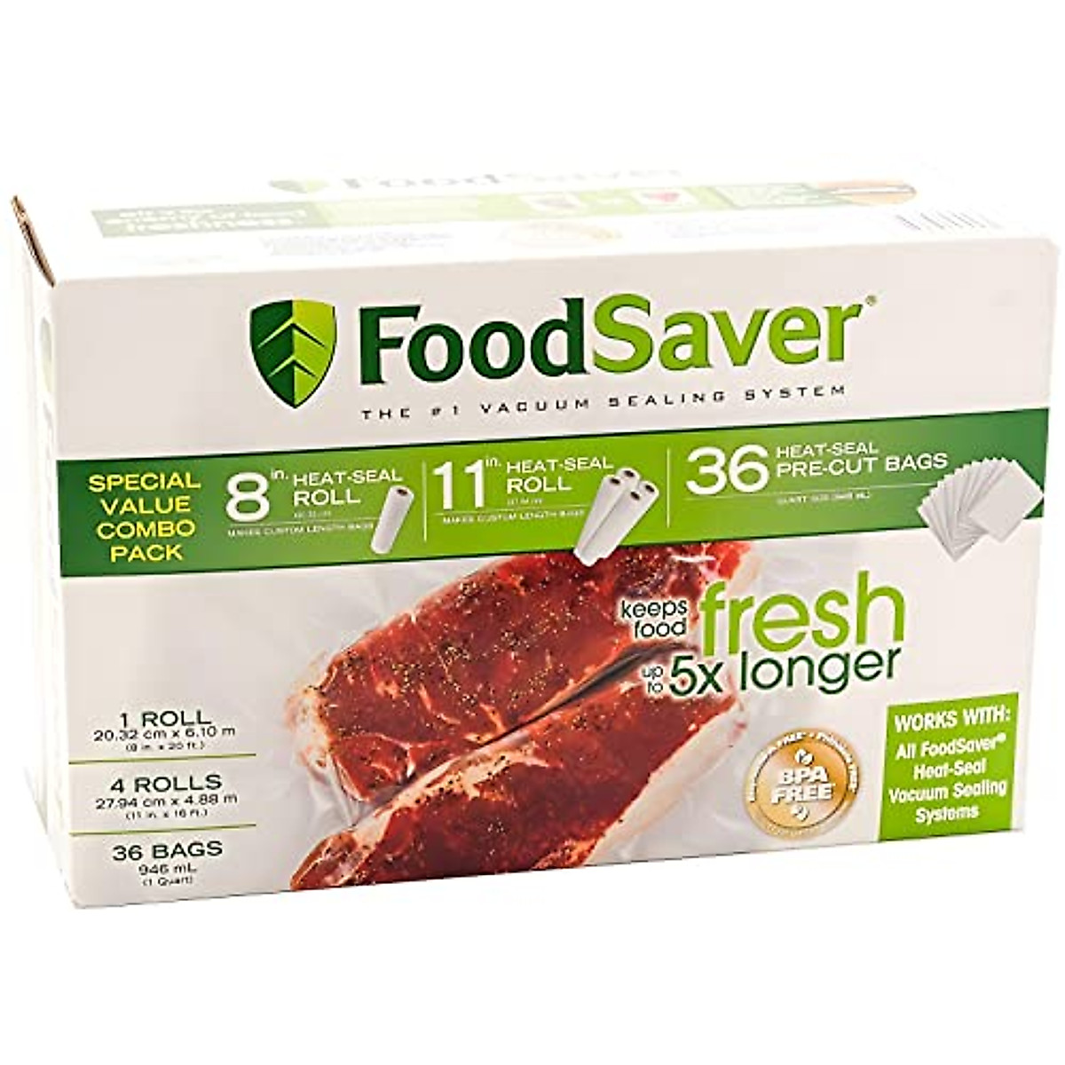 FoodSaver B005SIQKR6 Special Value Vacuum Seal Combo Pack 1-8" 4-11" Rolls 36 Pre-Cut Bags, 1Pack, Clear