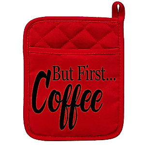 Red Polyester/Rubber Oven Mitt Pot Holder 9x7 in But First Coffee