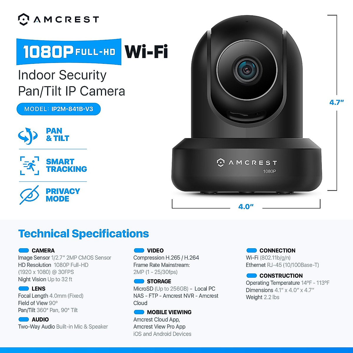 Amcrest ProHD 1080P WiFi 2MP (1920TVL) Indoor Pan/Tilt Security Wireless IP Camera IP2M-841B (Black)