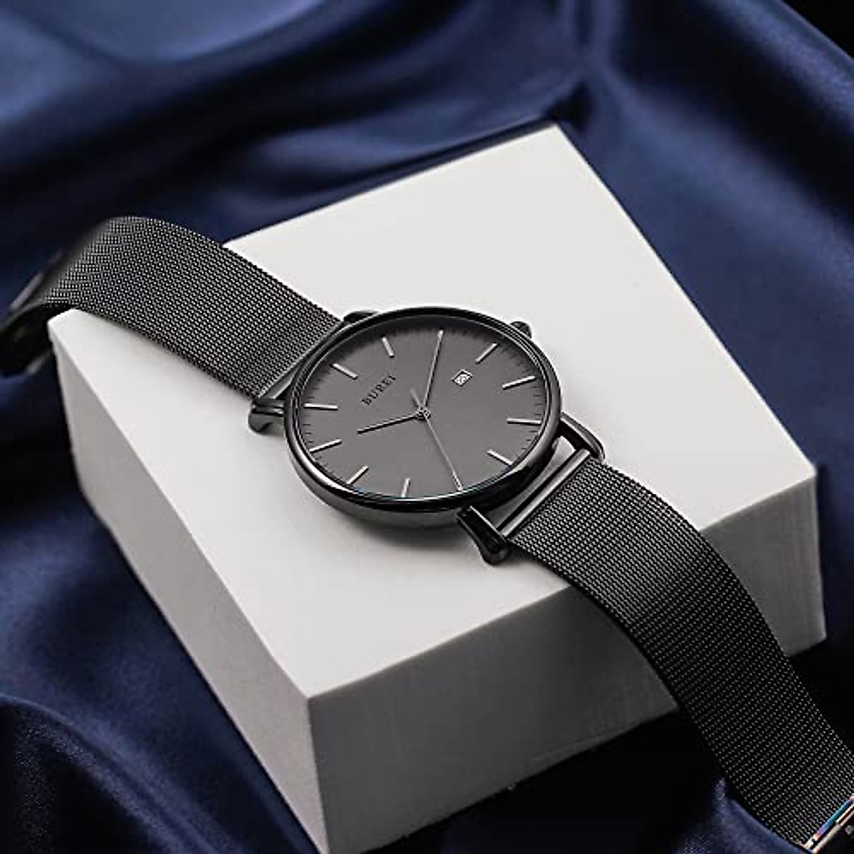BUREI Men's Fashion Minimalist Wrist Watch All Black Waterproof Watches Simple Ultra Thin Watches Analog Quartz Date with Stainless Steel Mesh Band
