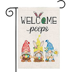 Easter Garden Flags 12x18 Double Sided - Spring Gnome Welcome Yard Flag Burlap Bunny Easter Outdoor Decorations Welcome Peeps