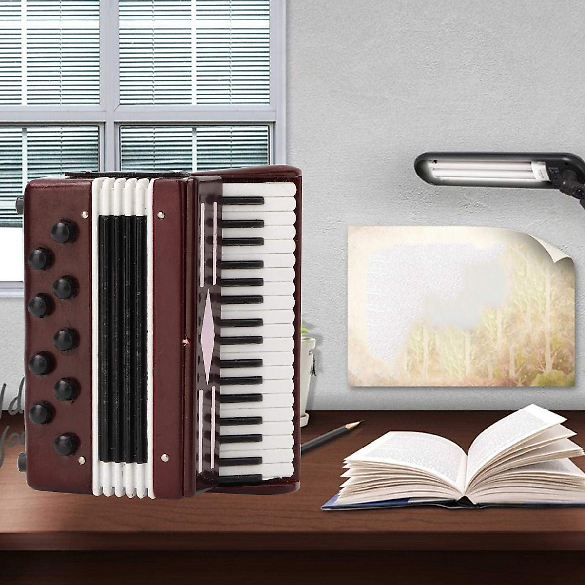 6CM Mini Accordion Model, Miniature Wooden Accordion Model Music Instrumental Model with Delicate Box for Home Decor Music