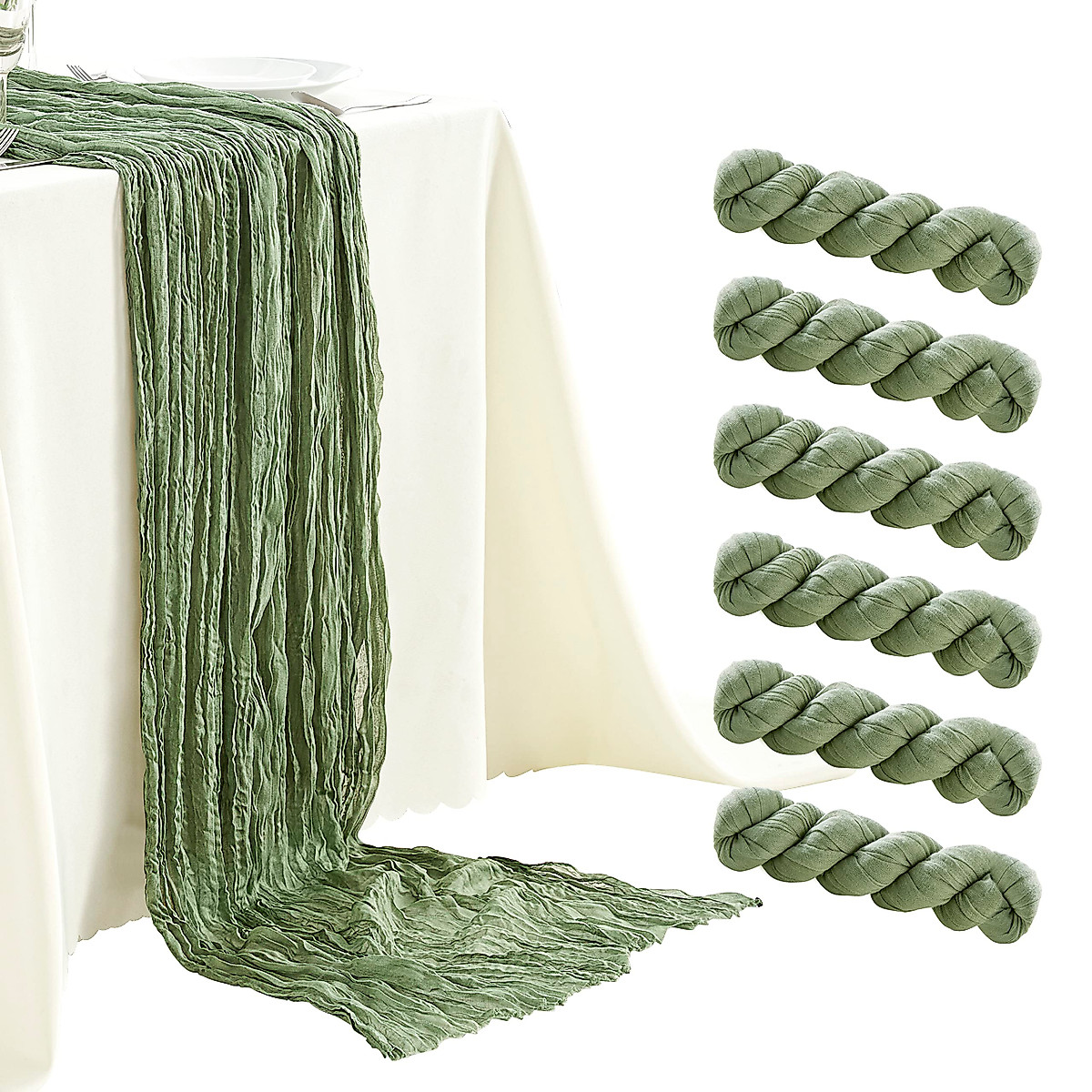 6 Pack Sage Green Cheesecloth Table Runners 10ft Wide Gauze Table Runners Boho Table Runners for Bridal Shower Wedding Birthday Party Table Decorations