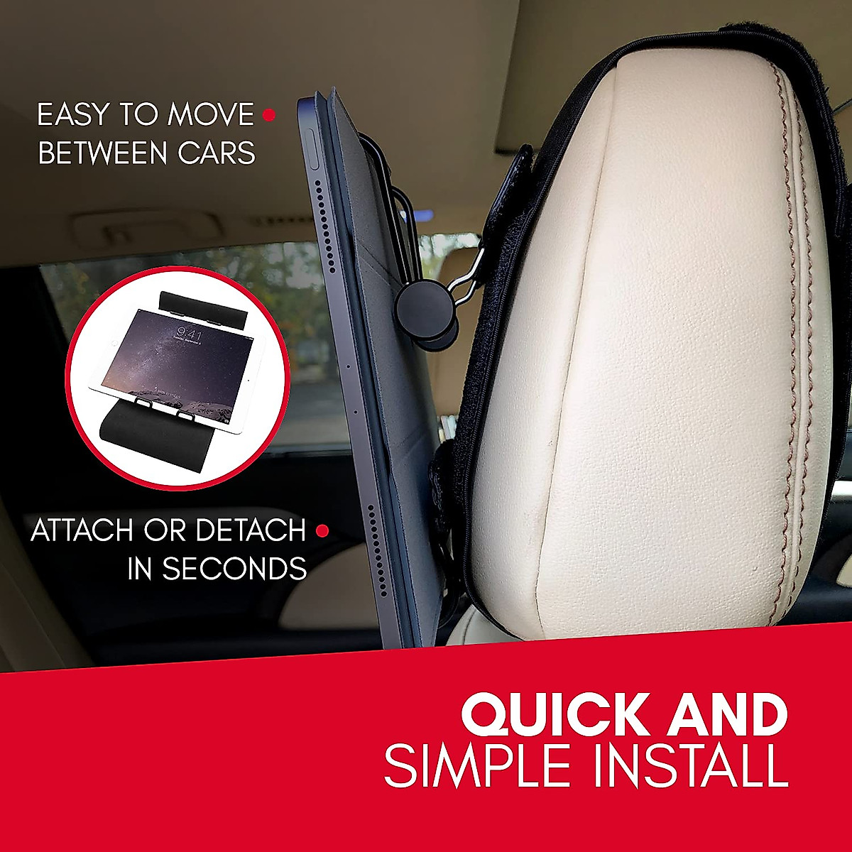 Macally Tablet Holder for Car Headrest for Happy Kids - (Upgraded) iPad Car Holder Back Seat Mount Strap - Rear Facing Head Rest iPad Holder for Car Backseat with Adjustable Case Angles