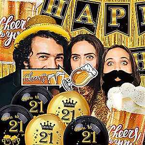 21st birthday decorations for him men - (60pcs) black gold party Banner, 40 Inch Gold Number Balloons,21st Sign Latex Balloon,Fringe Curtains and cheers to you Foil Balloons,Hanging Swirl,photo props