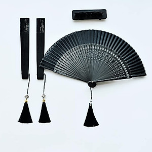 Folding Hand Held Fan for Women Sakura Chinese/Japanese Vintage Retro Style Portable Bamboo Silk Folding Fan Black Fans Gift (Color : Black E)