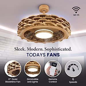 Todays Fans Bladeless Ceiling Fan with Lights & Remote – LUMIO 28" Low-Profile Downrod or Flush Mount Ceiling Fan with Lights for Bedroom & More – Dimmable LED, Night Light & Wi-Fi Connect, Faux Wood