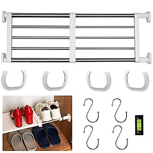 Juwell Tension Rod Shelf, Expandable Closet Tension Shelf with Auxiliary Stickers and Spirit Level, No Drilling Space Saver Racks for Kitchen Cupboard Wardrobe RV(9.45*16.5-25.6Inch)